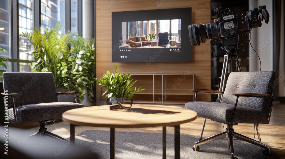Virtual interview room setup with clean, simple background Stock Photo ...