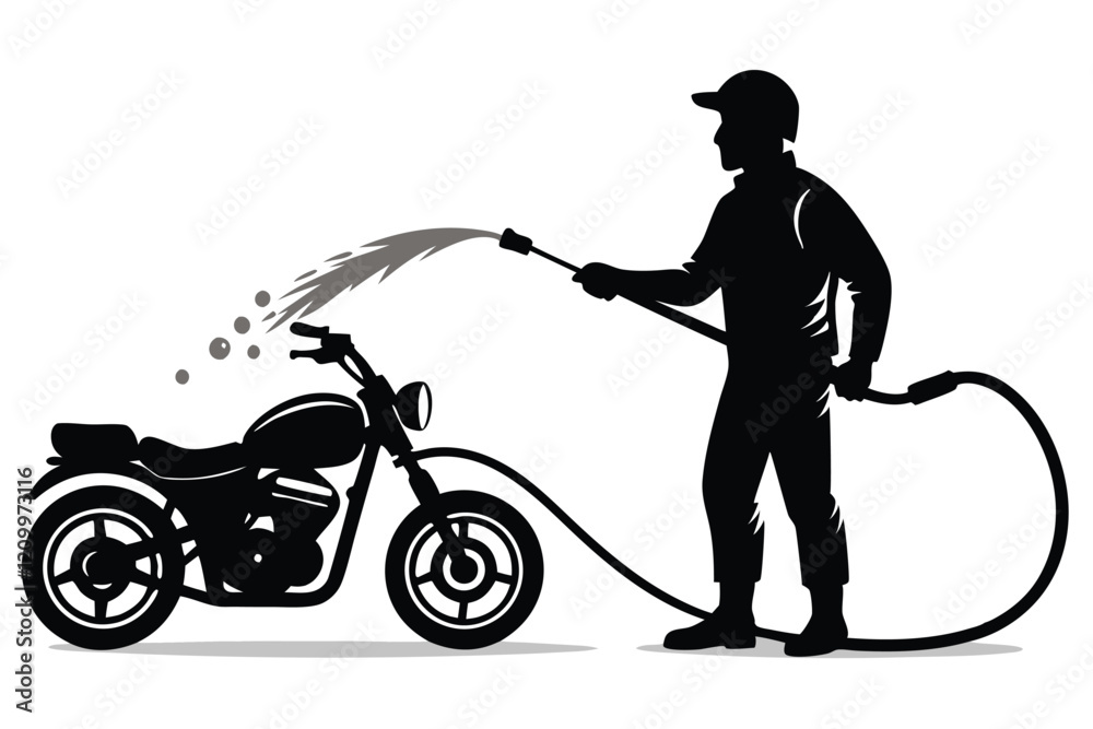 Silhouette of Man washing a motorcycle with high pressure washer ...