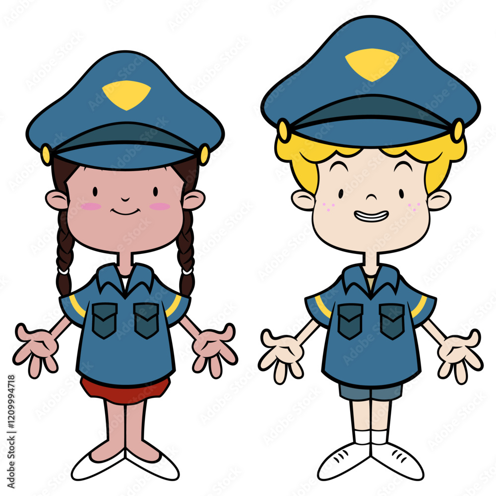 Boy and girl cartoon characters wearing police officer costume and ...