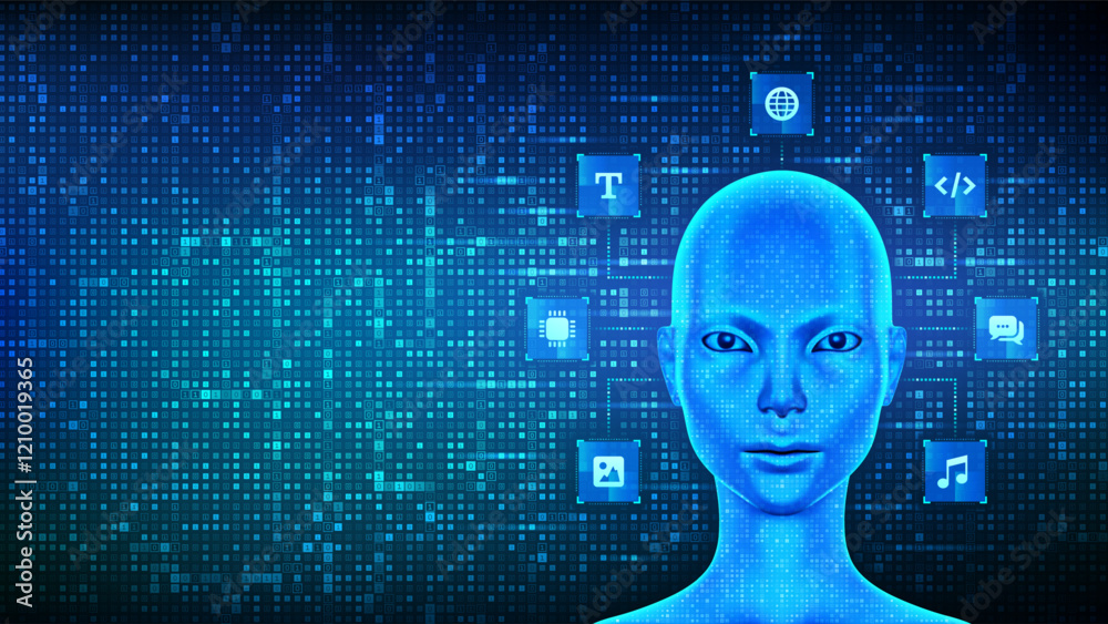 AI. Artificial intelligence concept. Cyborg woman head made with binary code. Female electronic ...