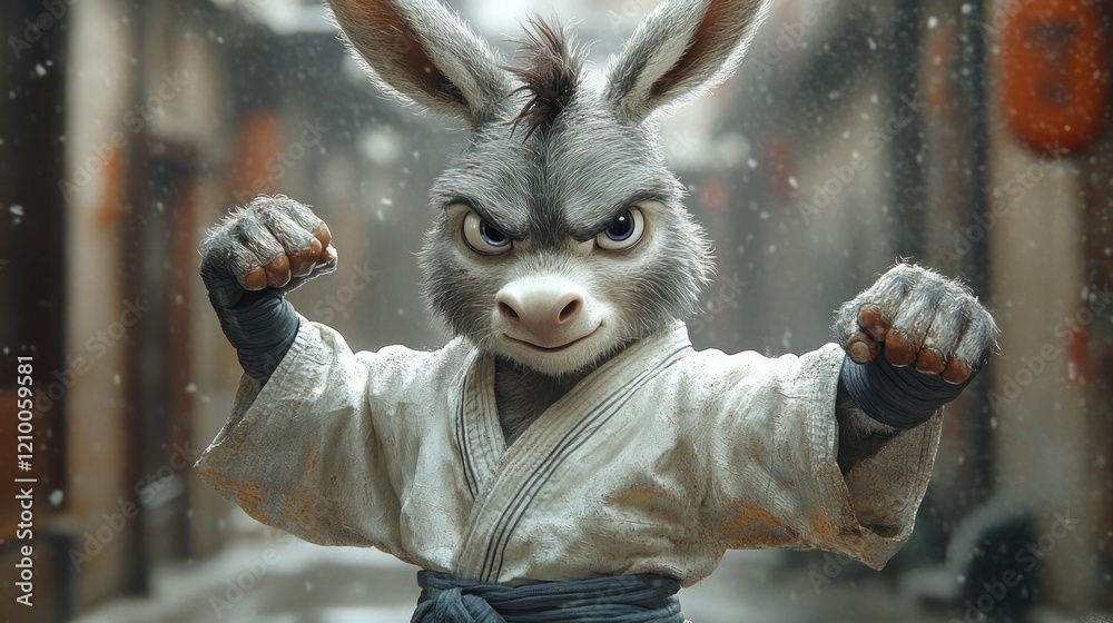 Angry donkey karate kid, snowy alley, fighting stance, winter film ...