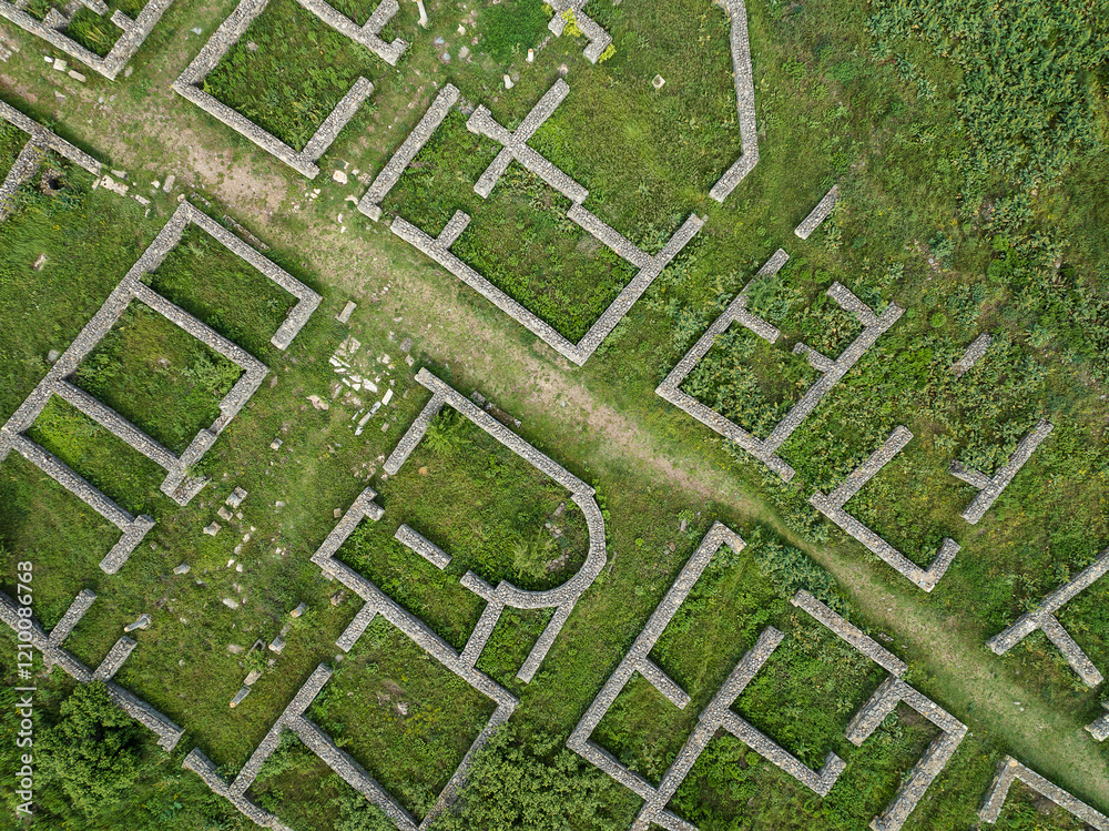 Aerial view of the ancient fortress Histria in Dobrogea, Romania ...