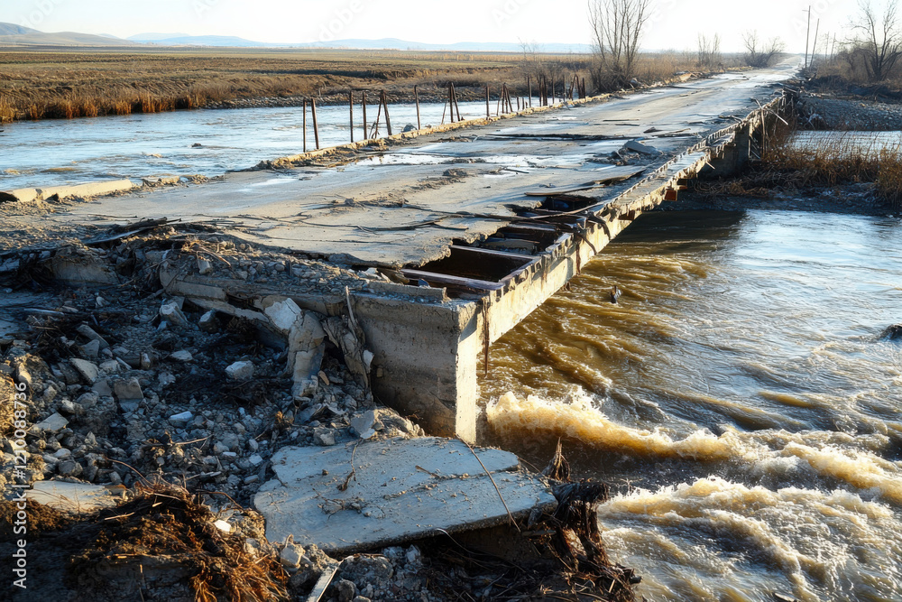 Destroyed road bridge after a powerful river flood Stock Photo | Adobe ...