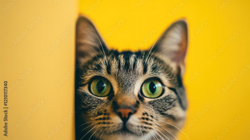 Tabby cat with distinctive nose and vivid green eyes peering from a ...