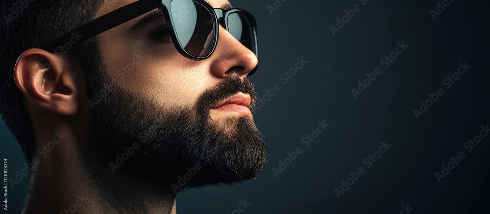 Stylish man with black hair and beard wearing sunglasses profile view ...