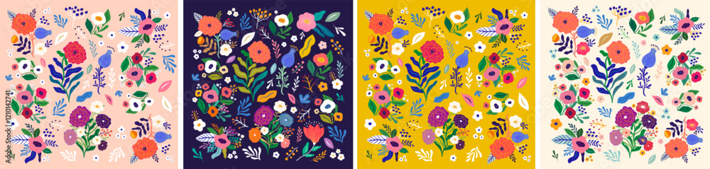 Beautiful flower collection of posters with roses, leaves, floral ...