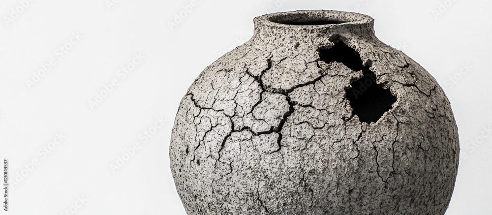 Cracked ceramic jar studio shot, white background, damaged, kintsugi ...