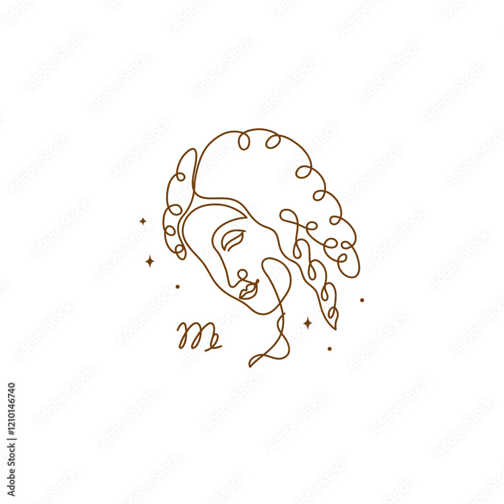 Continuous line drawing of astrological Virgo zodiac sign. Line art ...