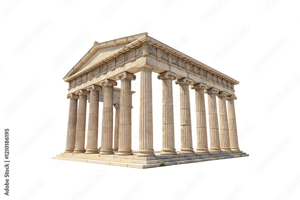 A classical Greek temple with robust, symmetrical columns and a ...