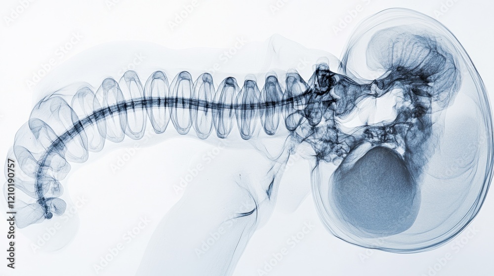A detailed X-ray image of the human abdomen showing the intestinal ...