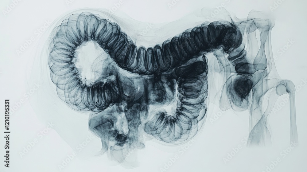 An X-ray image of the digestive system with an overlay of labels ...