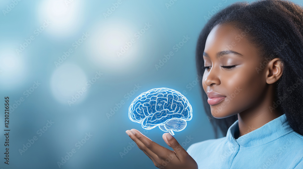 Female physician analyzing holographic human brain projection hovering ...