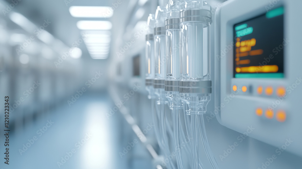 HPLC system showing connected tubing, glowing data screens during ...