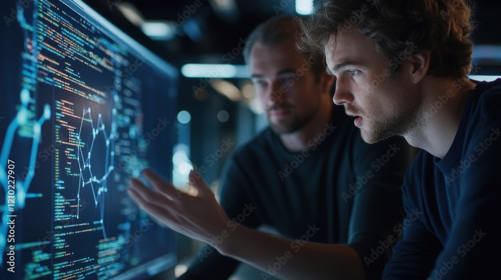 Two software developers are working together in a dark office, analyzing code and a graph ...