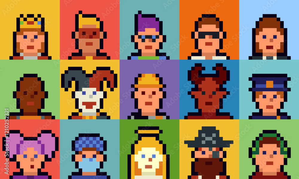 Pixel art characters set of the 8-bit avatar, funny faces in 80-s, NFT ...