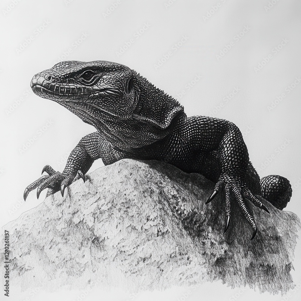 Monitor lizard basking on a rock with detailed skin texture in a ...