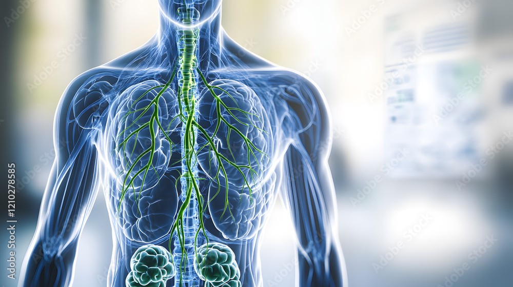 Detailed diagram of the human lymphatic system showing lymph nodes ...
