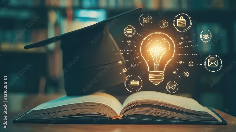 Education concept with a lightbulb on an open book, graduation cap, and virtual icons ...