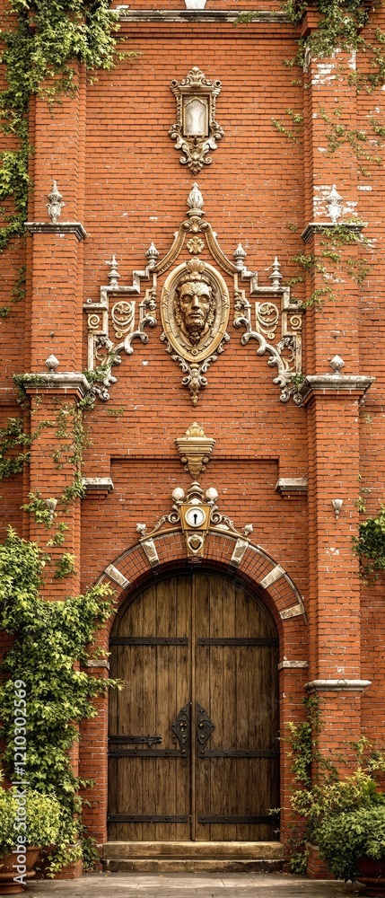 Classic red brick wall with ornate stonework and a wooden gate ...