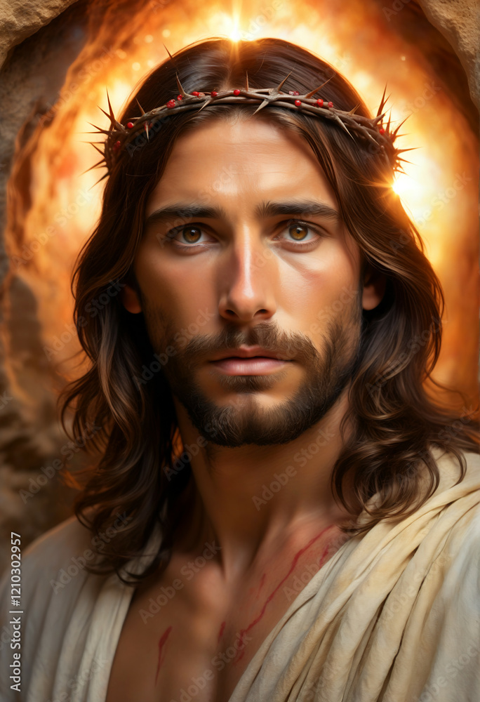Jesus Christ wearing a crown of thorns. Biblical Resurrection of Jesus ...