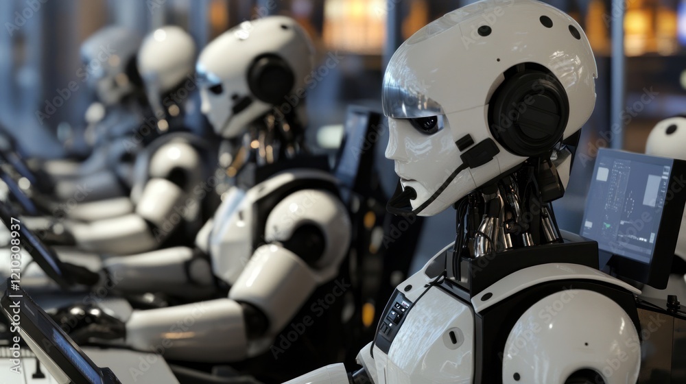 Humanoid robots with glowing blue displays work in a modern office ...