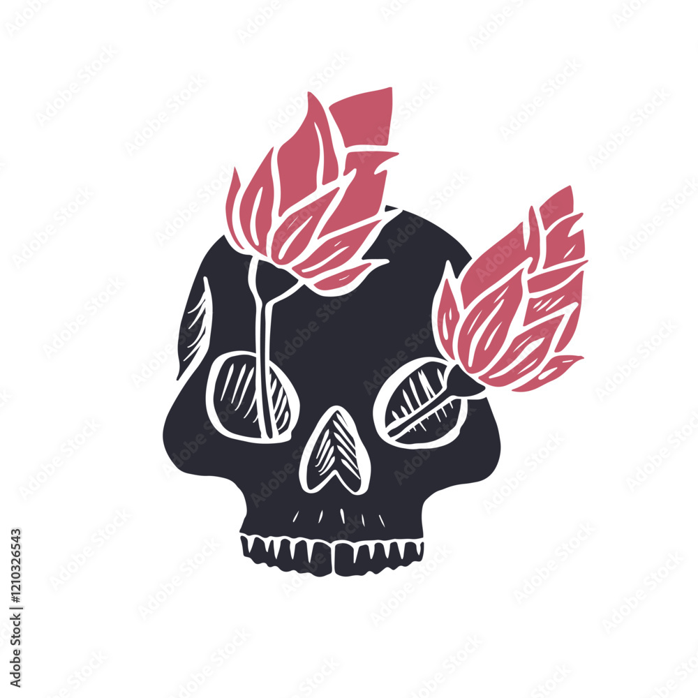 Hand drawn inky floral human skull with rose in the eye silhouette ...
