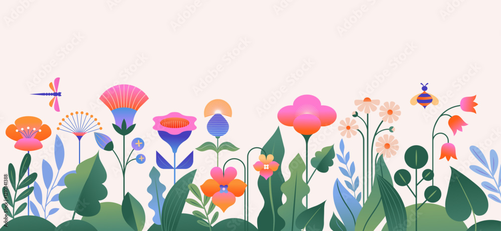 Background and banner decorated with pastel colors blooming flowers and ...