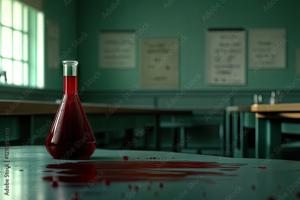 Blood in school lab; science experiment gone wrong; desks and charts ...