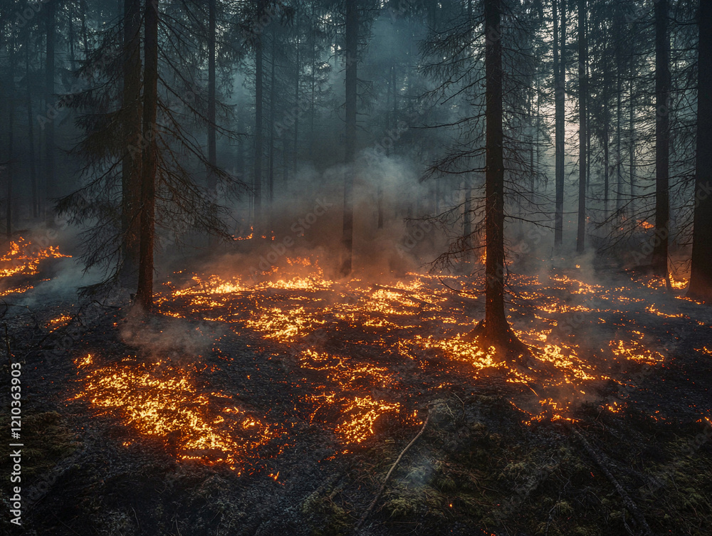 Flames rage through the forest, consuming trees in a fierce blaze while ...