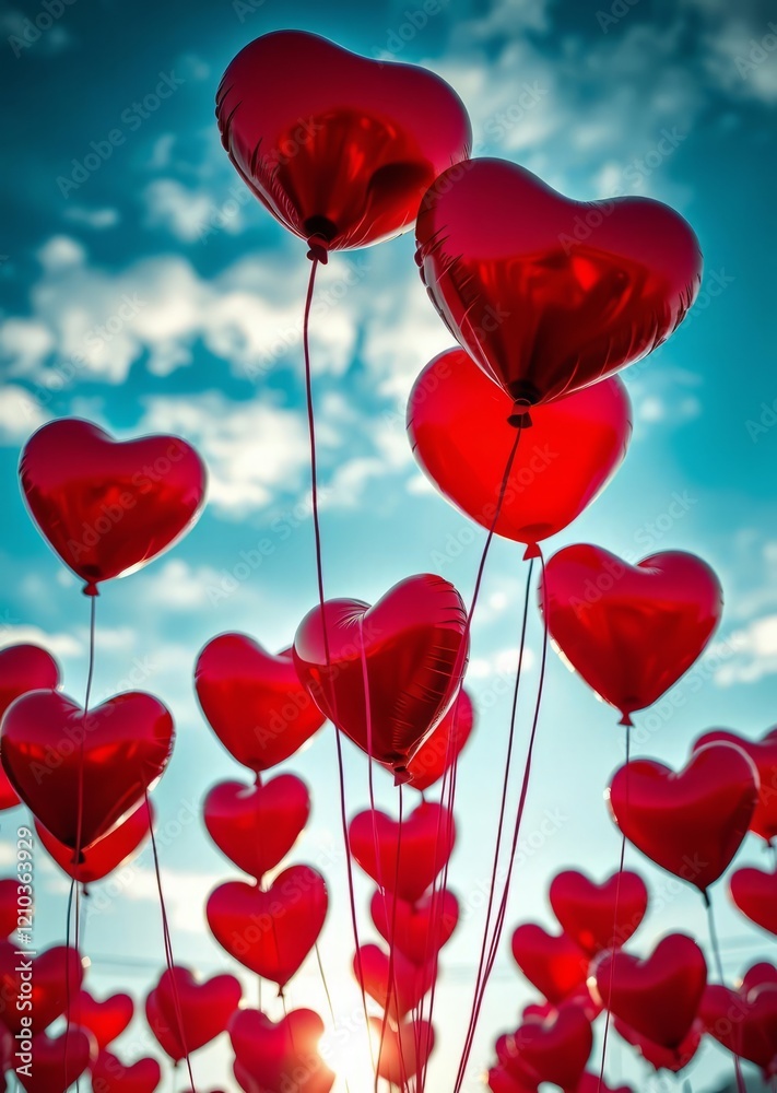Heart-shaped balloons, vibrant red, field of love, dramatic sky, teal ...
