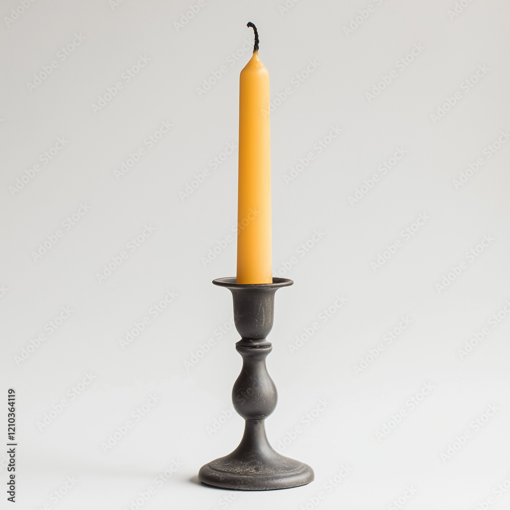 A simple, dark metal candlestick with an old-fashioned design, holding ...