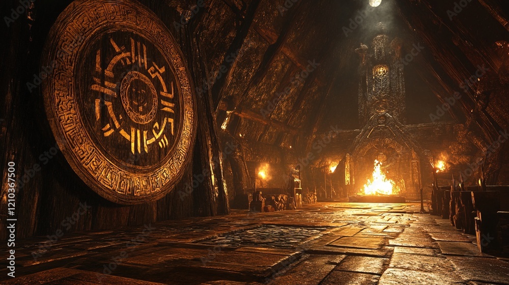 Norse mythology scene with Viking carvings, intricate runes, and a fire ...