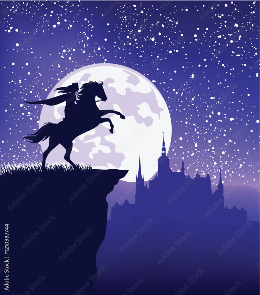 medieval fairy tale princess riding rearing up horse on cliff top ...