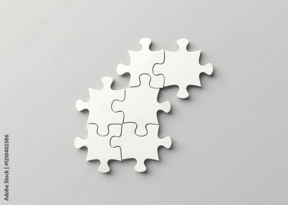 Six white puzzle pieces form asymmetric cluster on light gray ...