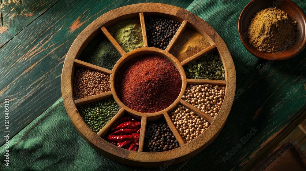 top angle shot of coriander, red chilli, black pepper, cumin, turmeric ...