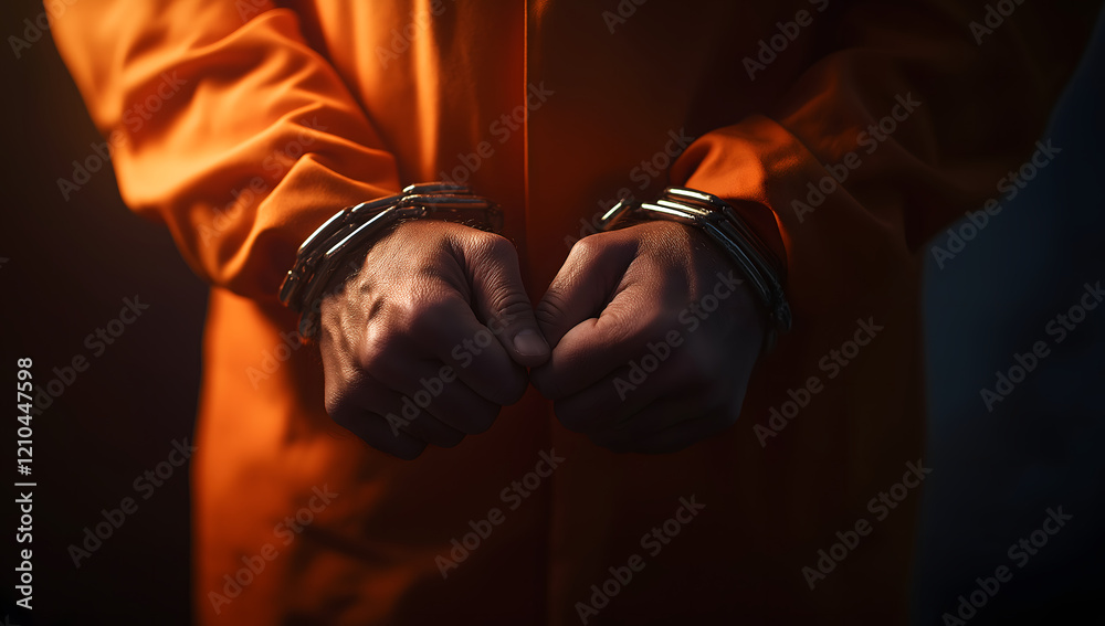 A close-up captures a handcuffed convict in an orange prison jumpsuit ...