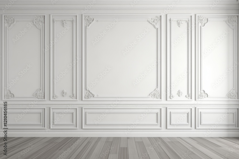 Realistic 3D Grey Wall with Classic Moulding. Wooden Parquet Floor ...