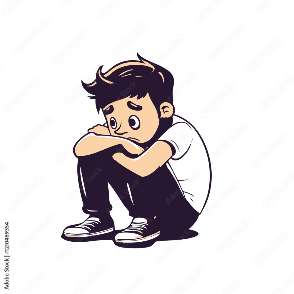 Sad Boy Sitting Cartoon Illustration. Vector Image Stock Vector | Adobe ...