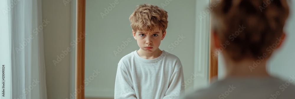 Child reflecting on self-image while staring at the mirror showing ...