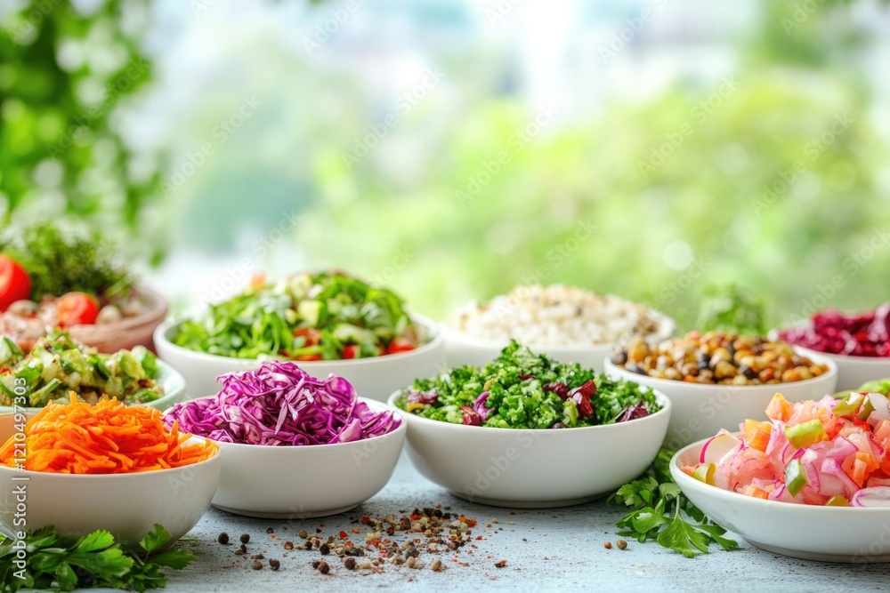 beautifully arranged table of vibrant dishes featuring array of colors ...
