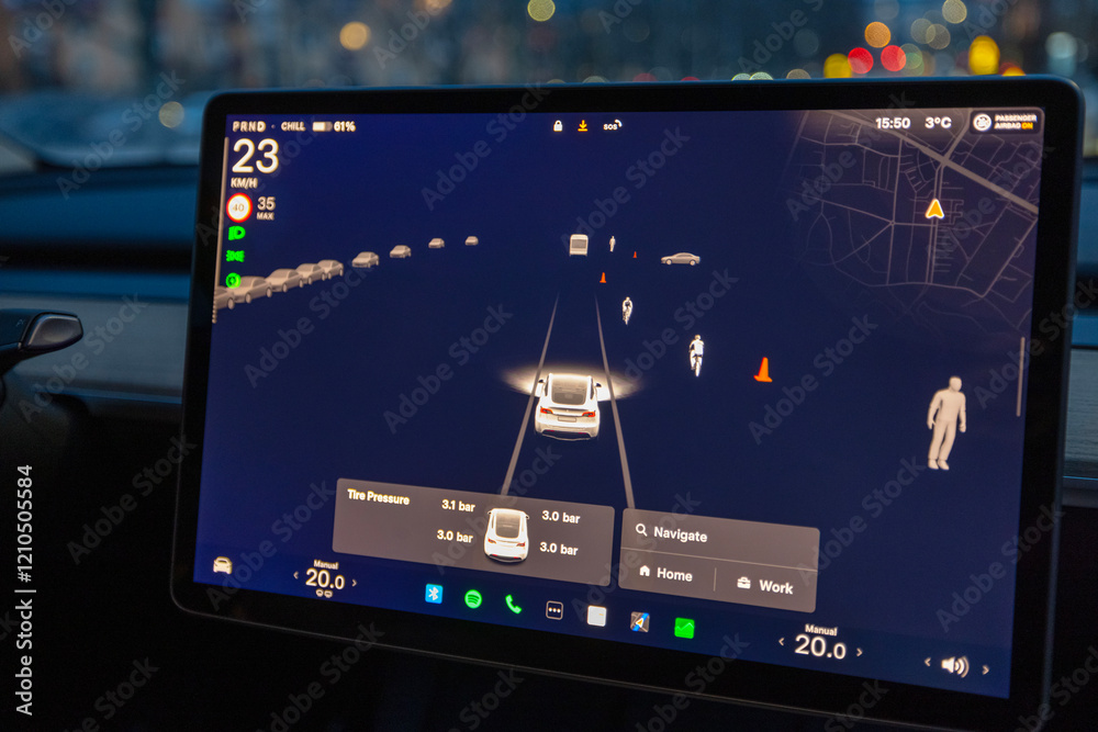 Tesla Model Y touchscreen display showing autopilot visualization with ...