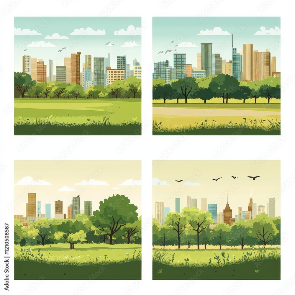 4 panels with the identical urban landscape background and changes in ...