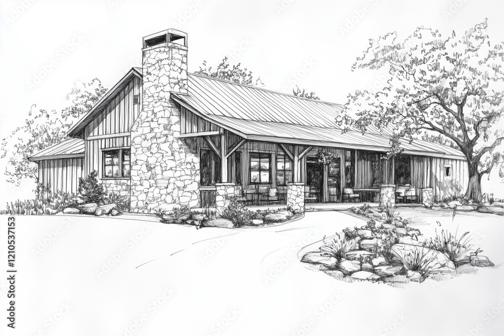 A detailed architectural sketch of a rustic Barndominium house style house featuring a stone ...