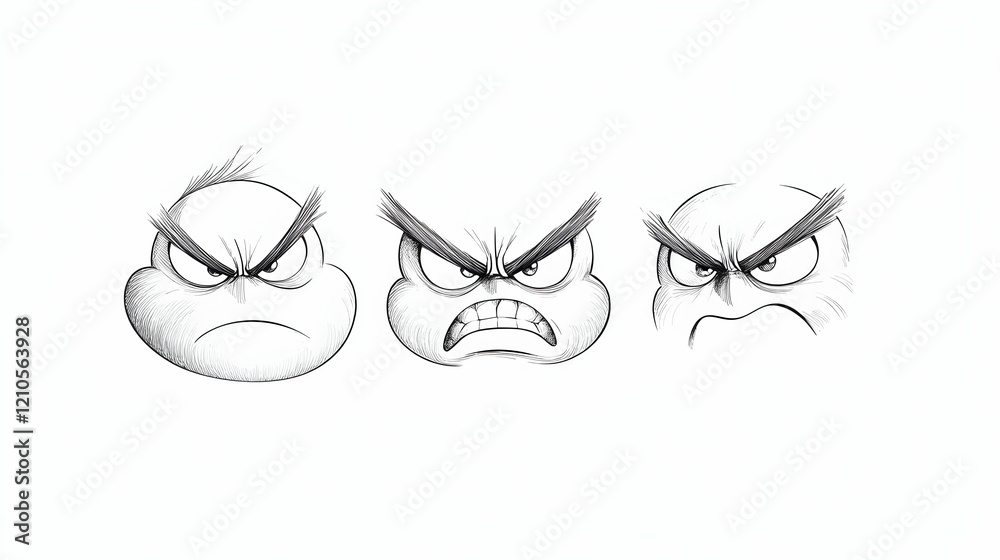 Three angry cartoon faces, expressions, design sketches, white ...