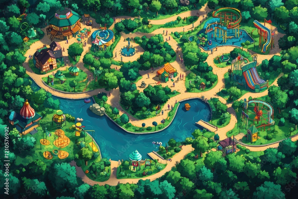 Aerial View of Amusement Park Map Featuring Attractions, Playgrounds ...