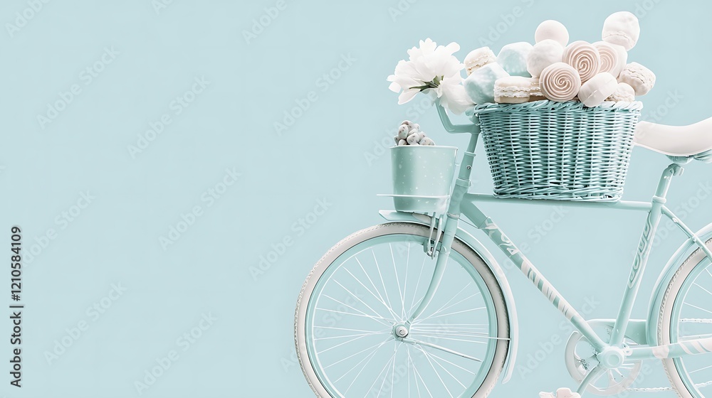 Pastel bike with flowers and sweets, spring background, romantic scene ...