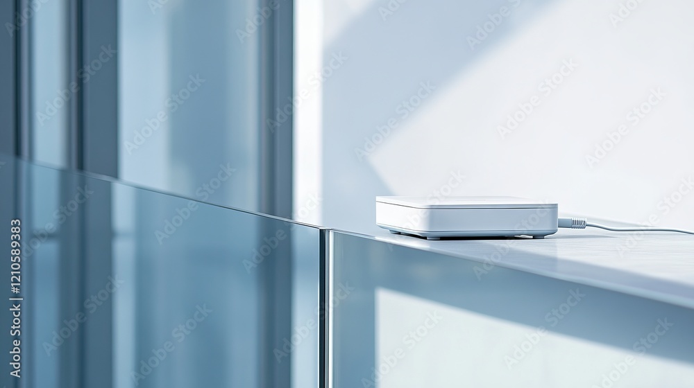 A horizontal composition showing a white Internet router plugged in and ...