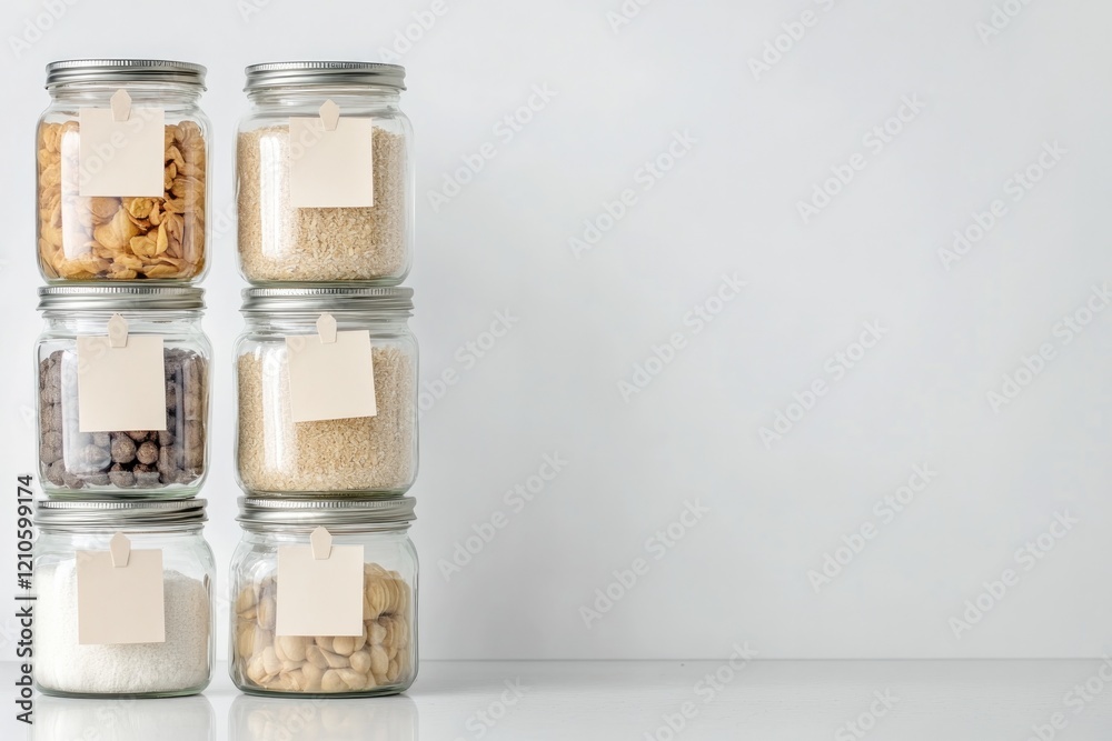 stacked glass jars filled with dry goods and labeled with paper tags in ...