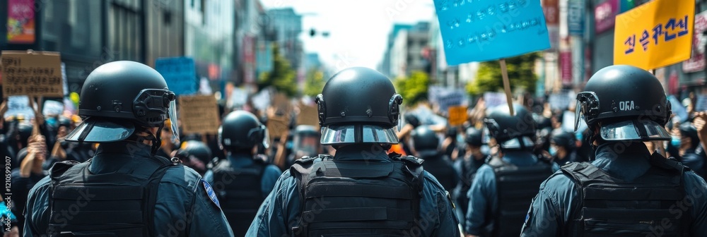 High-Contrast Urban Protest Scene Riot Police and Demonstrators in ...