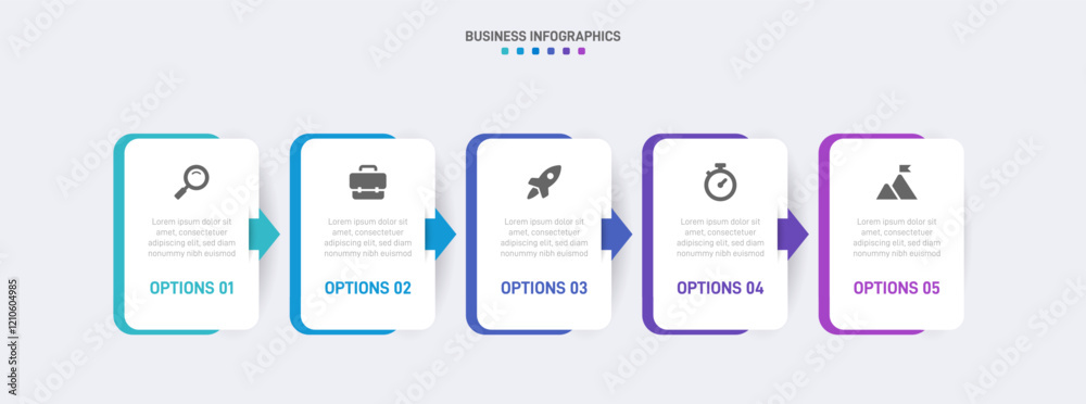 Horizontal progress bar featuring 5 arrow-shaped elements, symbolizing ...